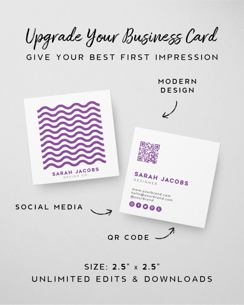 Purple QR Code Business Card Template - Waves, Printable Business Card ...