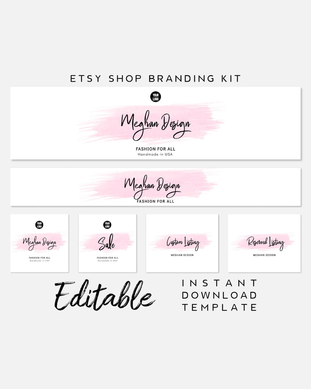 Editable Etsy Branding Kit - Simple Etsy Banner, Pink Watercolor Banner ...