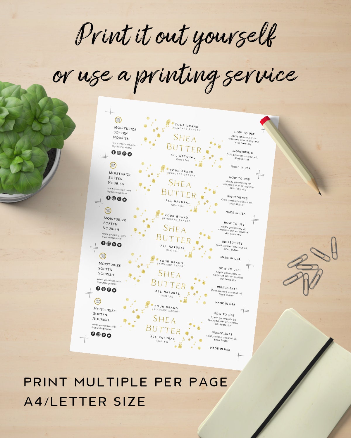 Gold Ink Label Template 7x2 Jar Label for Body Butter | Etsy