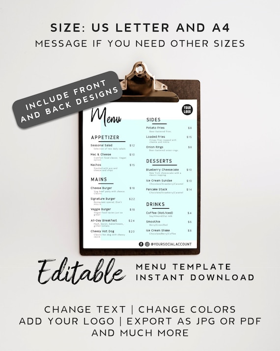 Editable Cafe Menu Template Instant Download Restaurant - Etsy
