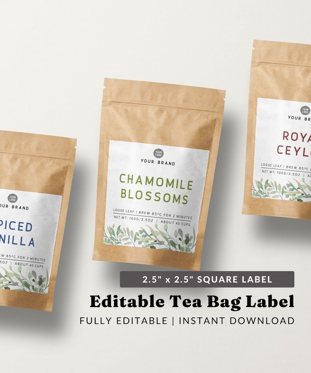 Floral Tea Pouch Label Template - Editable Tea Label Design, Floral ...