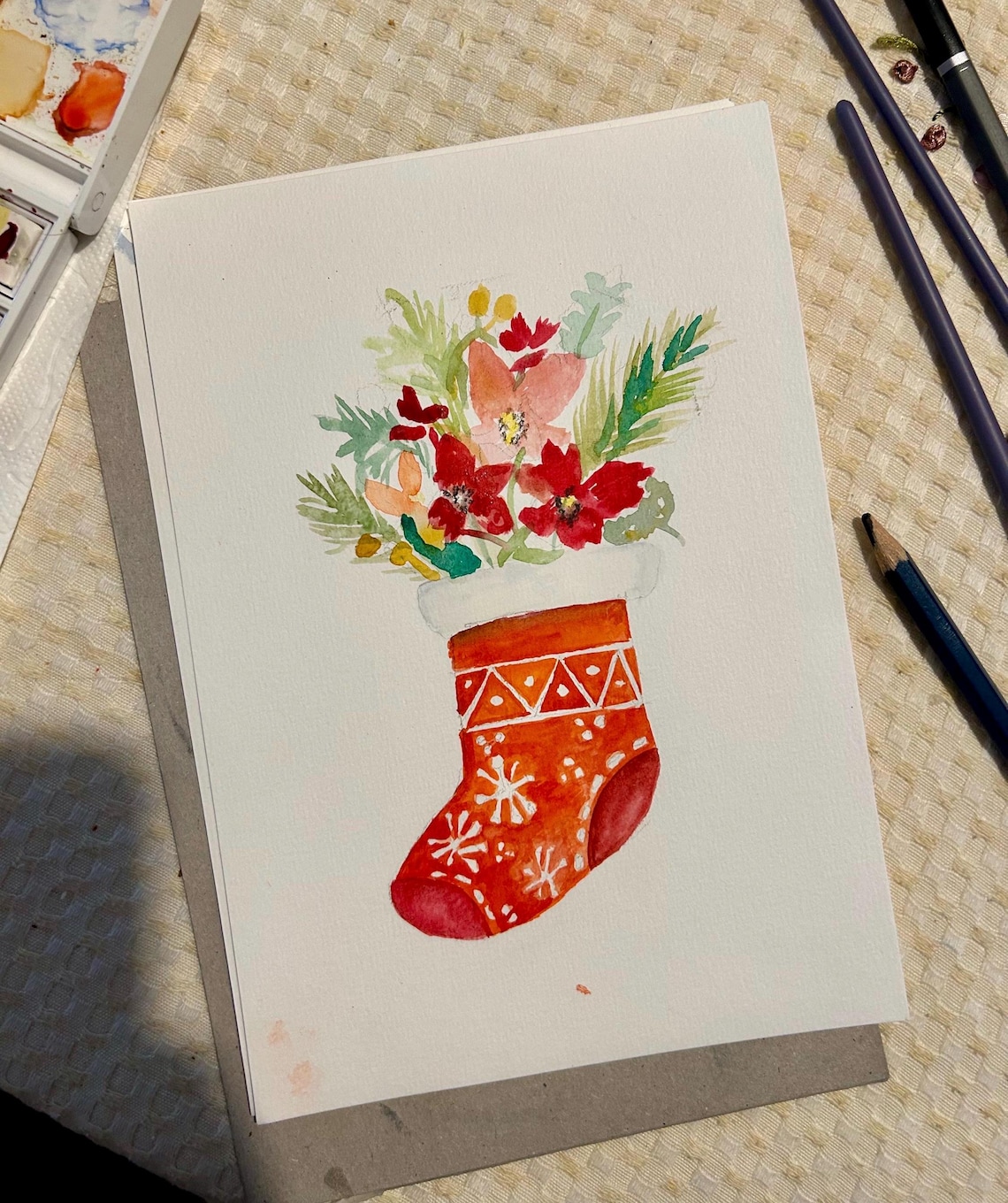 Christmas Card Watercolour Paints Stocking Red and Flower Design Fully ...