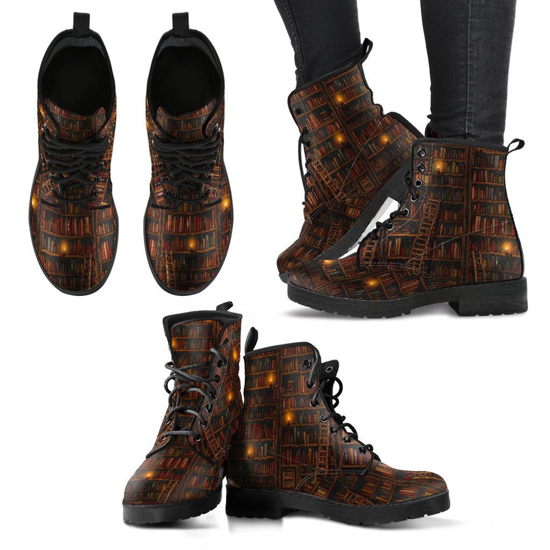 Library Book Lover Boots-women's Boots Vegan Leather Combat Boots ...