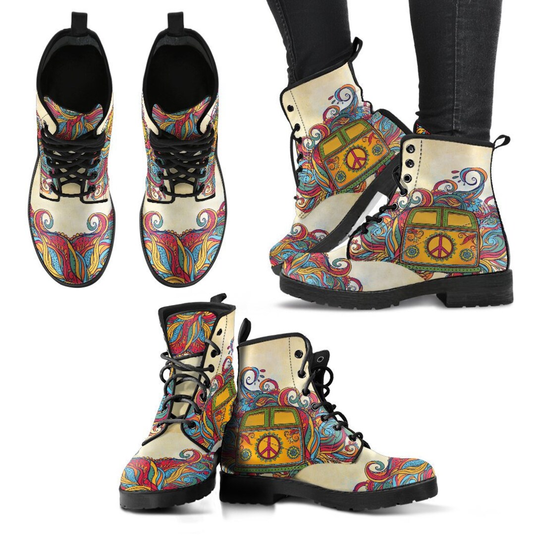 Colorful Hippie Bus Boots-combat Boots Vegan Boots Women's Boots Girl ...