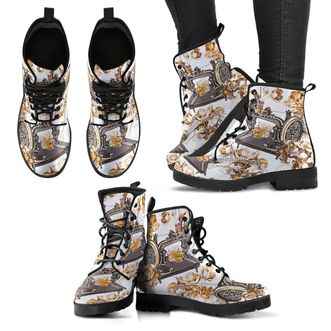 Floral Sewing Machine Boots-combat Boots Vegan Boots - Etsy