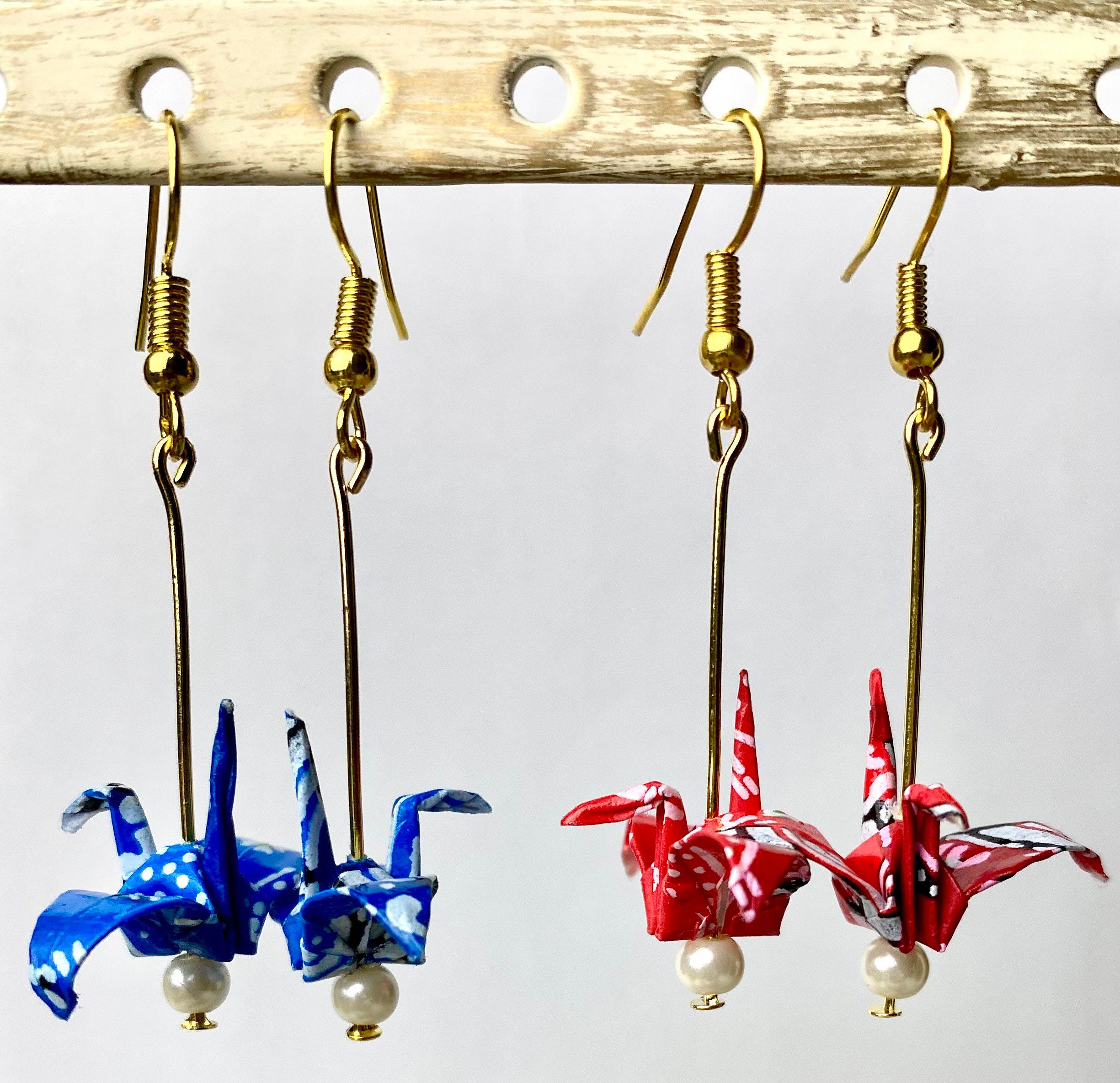 Pendientes de origami Tsuru MOMO con perlas rojo azul - Etsy España