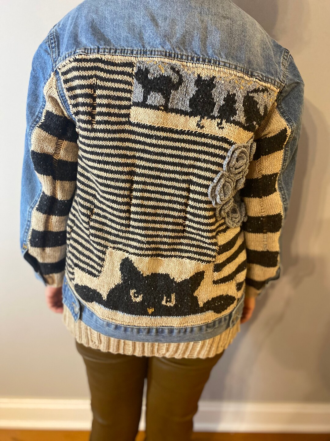 Knitted Jean Jacket With Cat, Patchwork Personalized Black and Beige ...