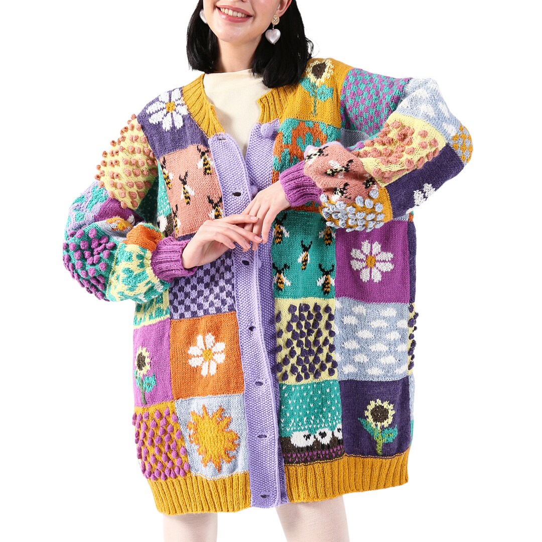 LONG WOOL CARDIGAN, Colorful Cardigan, Handmade Knit Granny Square ...