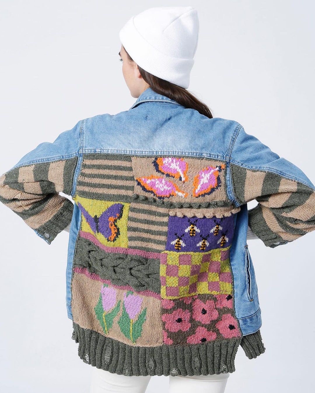 Handknitted Patchwork Jean Jacket With Flowers, Blue Designer Denim ...