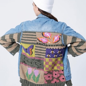 Handknitted Patchwork Jean Jacket With Flowers, Blue Designer Denim ...