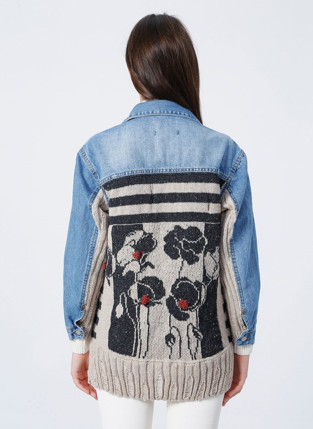 Handknit Floral Jean Jacket, Black Beige Embroidered Patchwork Flower ...