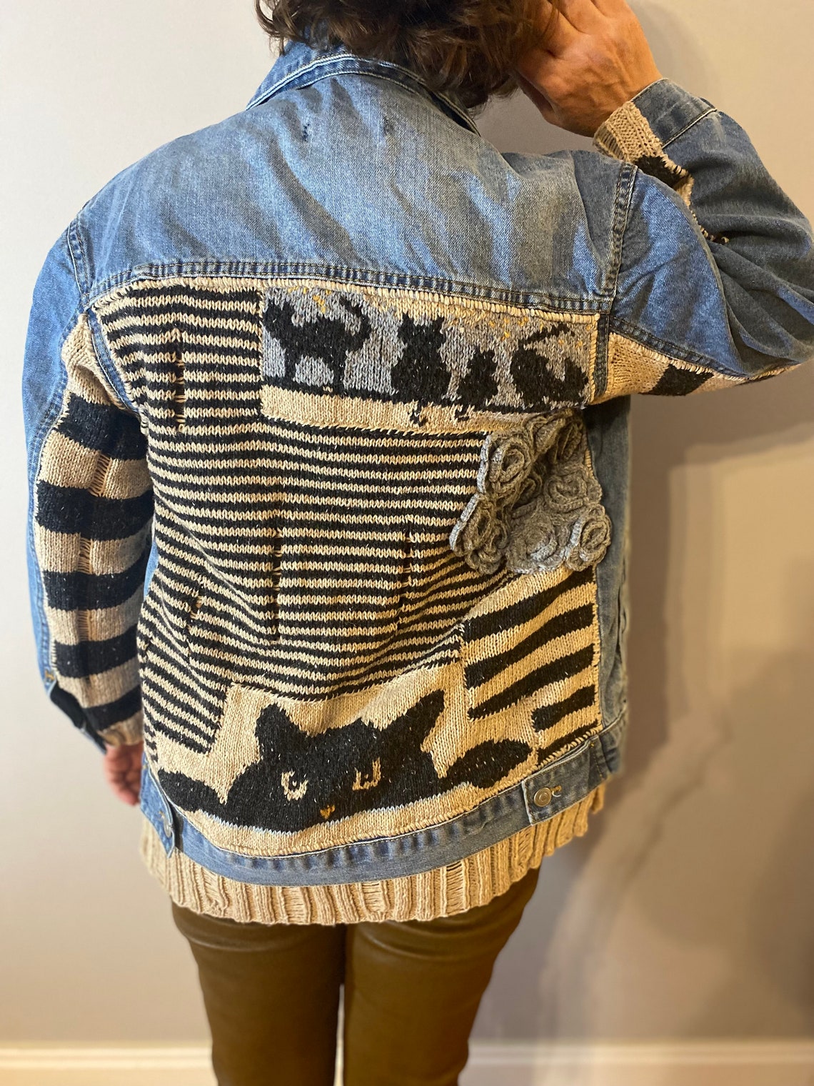 Knitted Jean Jacket With Cat Patchwork Personalized Black and | Etsy