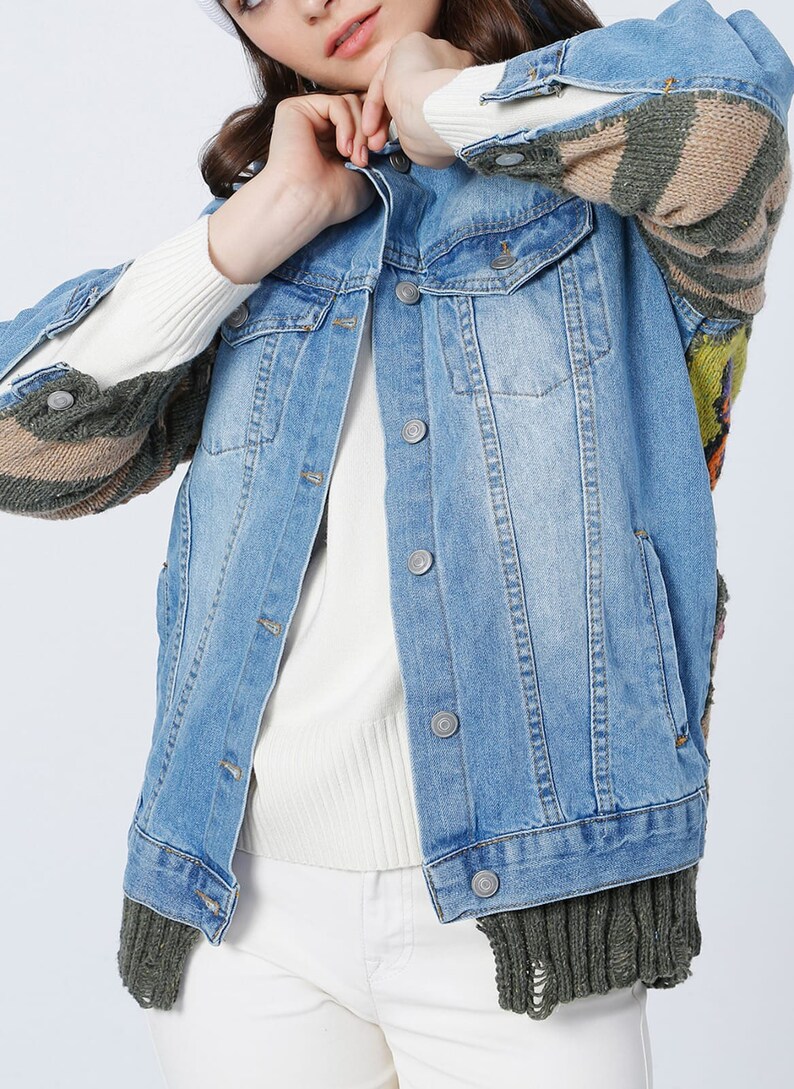 Handknitted Patchwork Jean Jacket With Flowers 90s Denim - Etsy