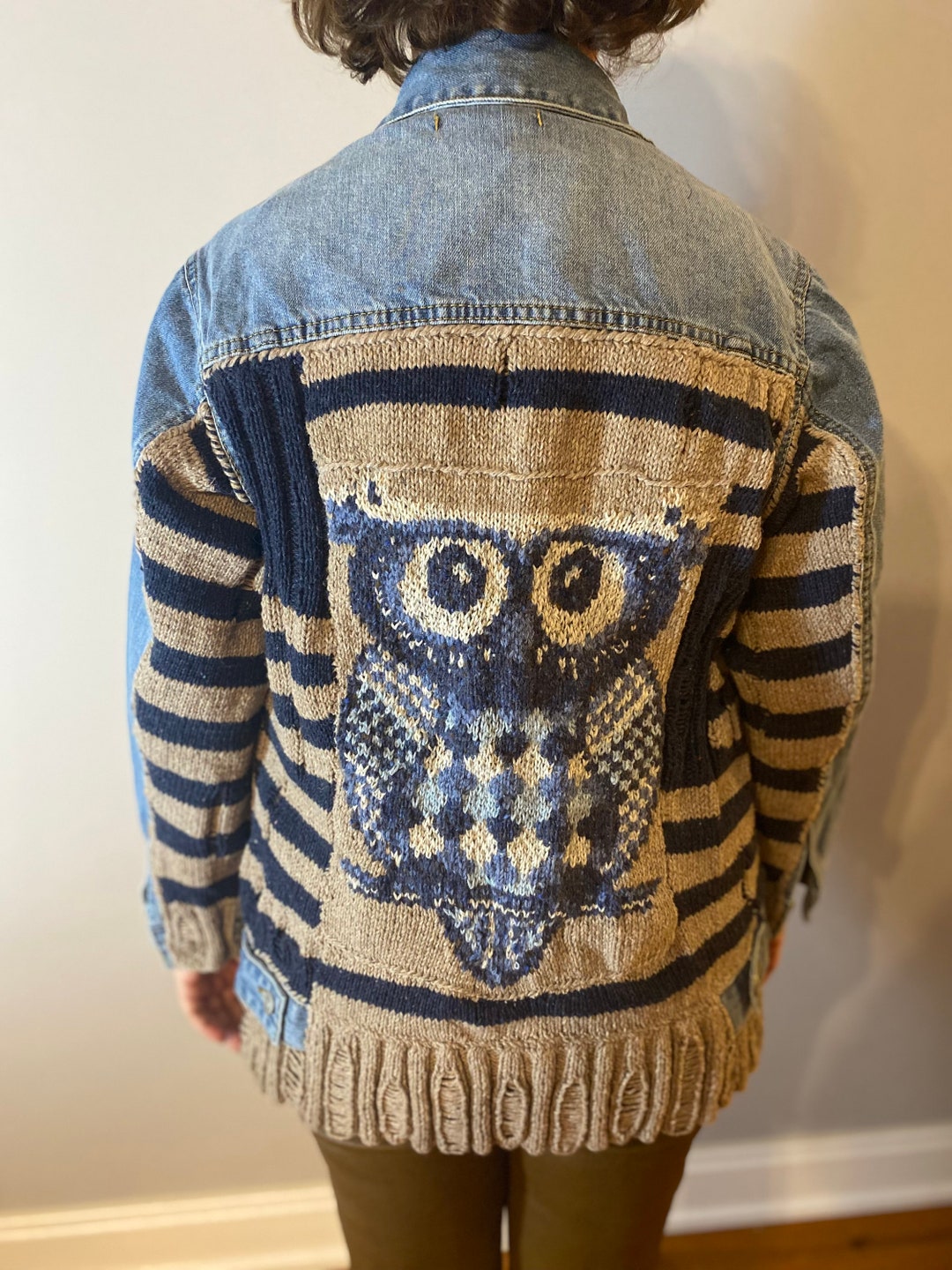 Knitted Jean Jacket With Owl Personalized Custom Embroidered - Etsy
