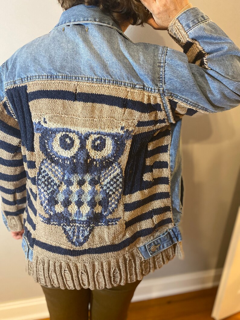 Knitted Jean Jacket With Owl Personalized Custom Embroidered - Etsy