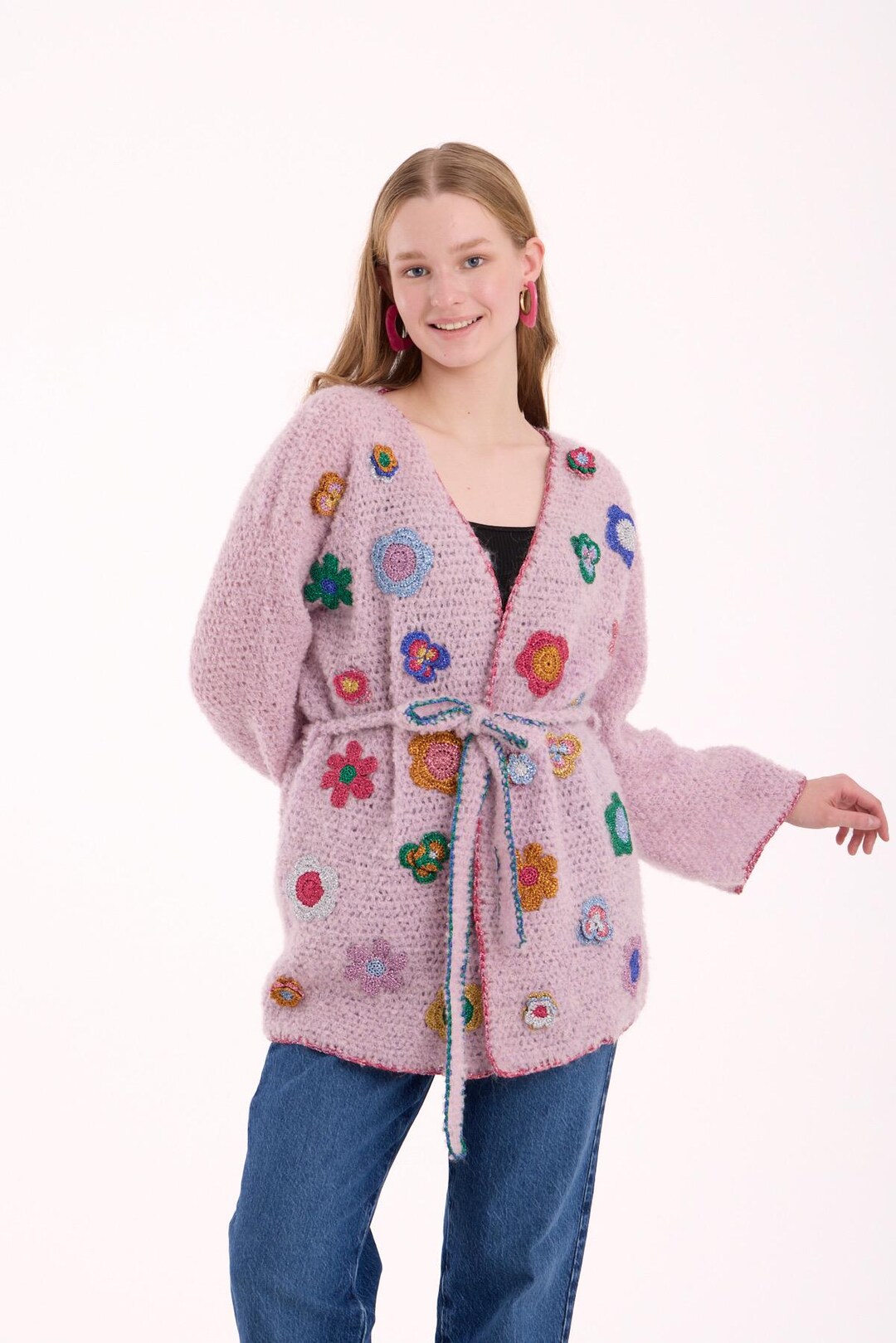 Handmade Lilac Alpaca Crochet Cardigan With Colorful Flower Appliques ...