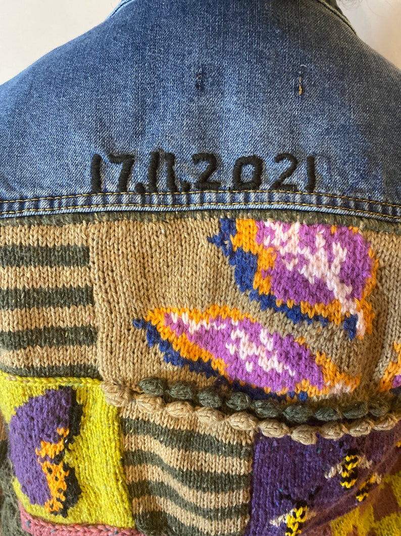 Handknitted Patchwork Jean Jacket With Flowers 90s Denim - Etsy
