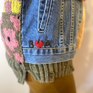 Handknitted Patchwork Jean Jacket With Flowers, Blue Designer Denim ...