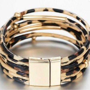 Animal Print Bracelet, Leopard Multilayer Leather Wrap Charm, Bracelet ...