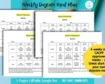 Daycare Weekly Menu Printable Weekly Menu for Daycare - Etsy