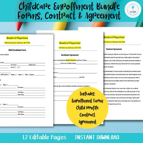 Child Care Enrollment Form & Contract Agreement Bundle - Etsy