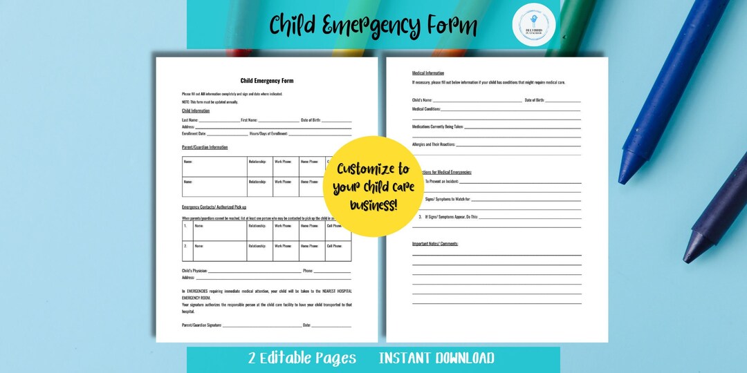Child Care Emergency Form, Editable, Home Daycare, Preschool, Center ...
