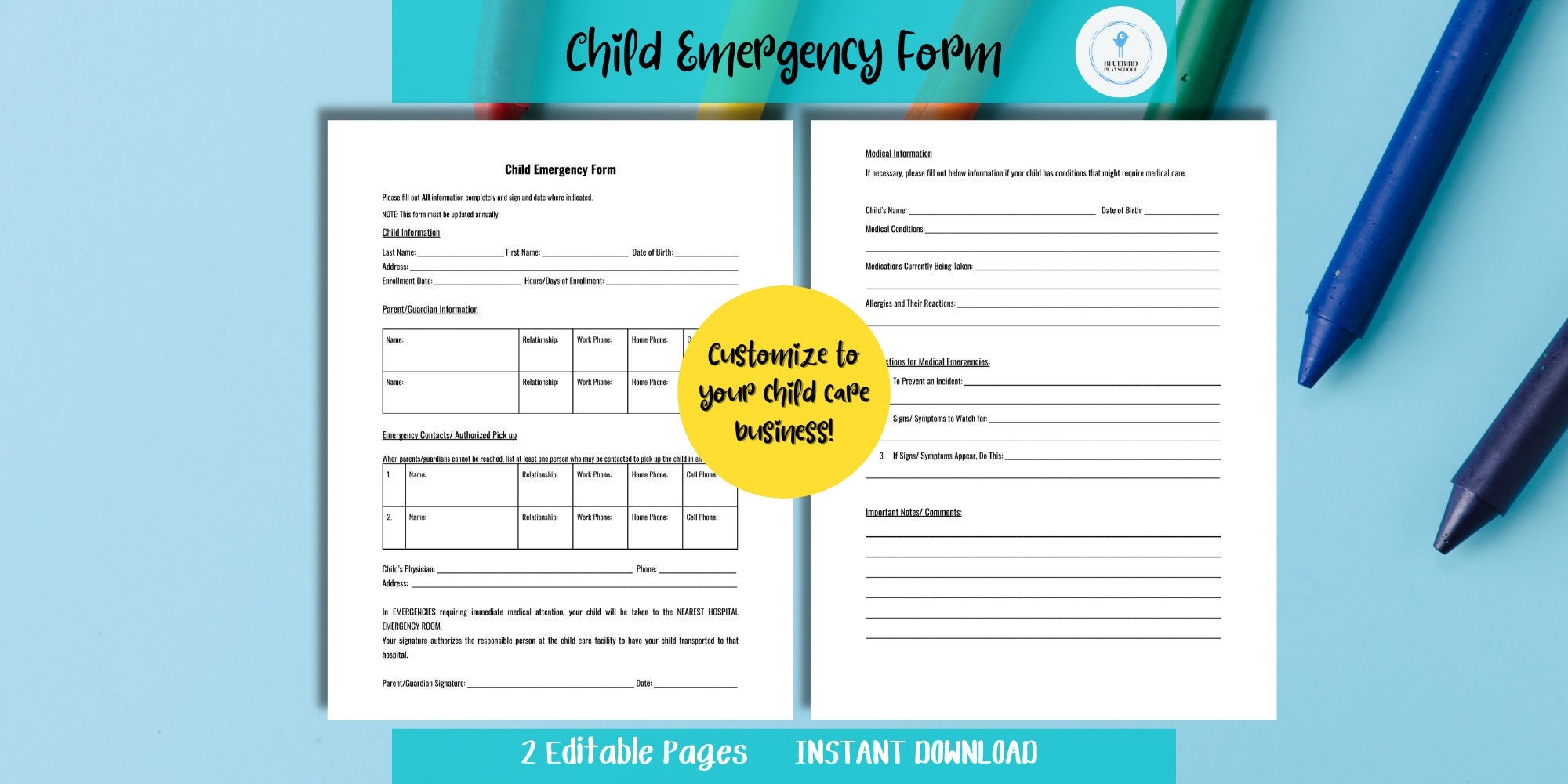 Child Care Emergency Form, Editable, Home Daycare, Preschool, Center ...
