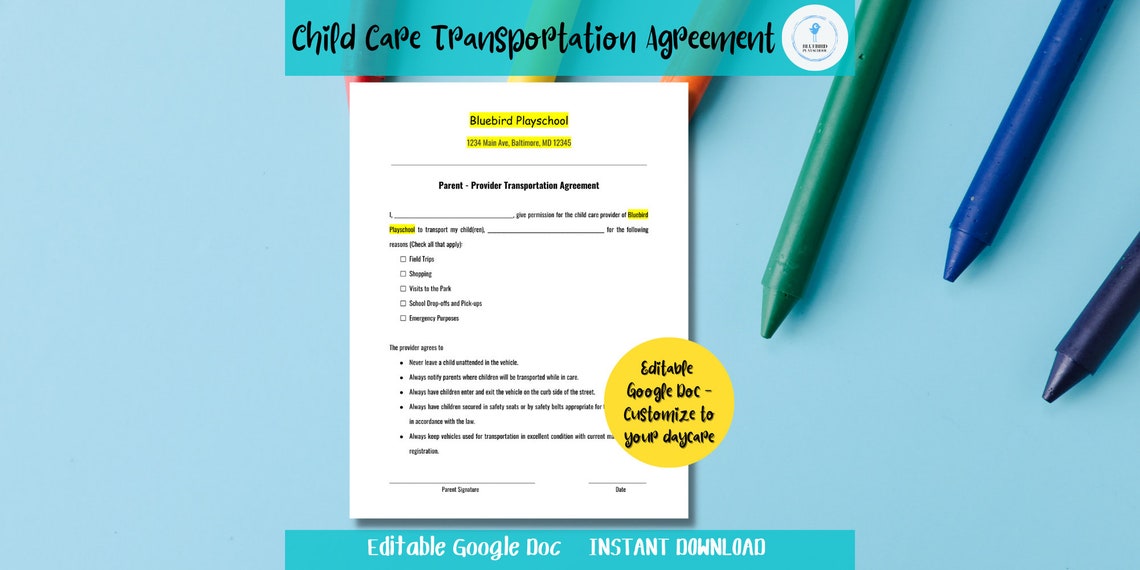 Child Care Transportation Agreement, Editable Parent-provider Form ...
