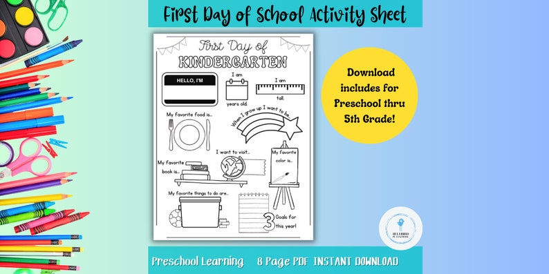 First Day of School Activity Coloring Page All About Me - Etsy