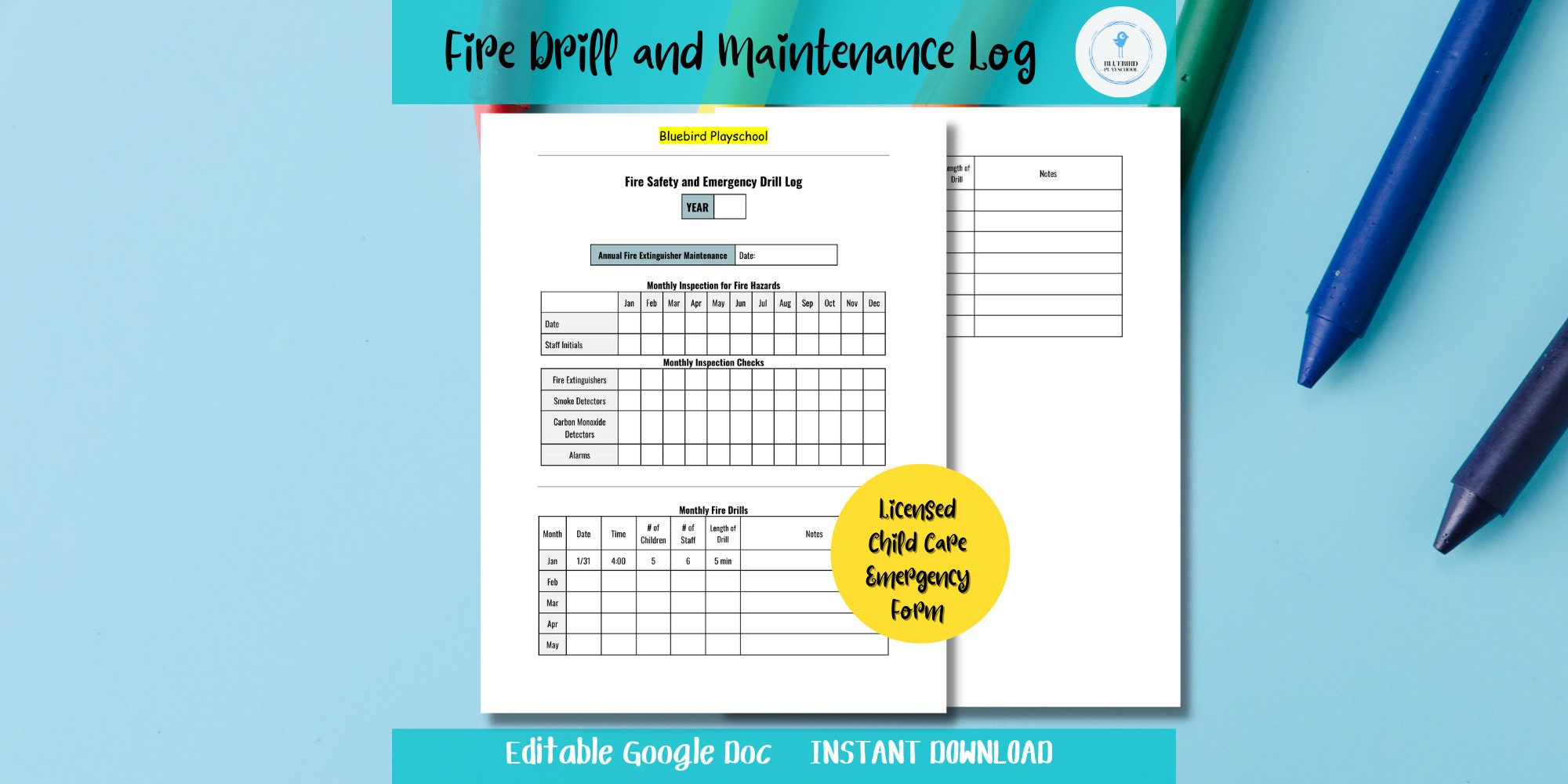 Child Care Emergency Drill Log, Editable Maintenance Form (google Docs ...