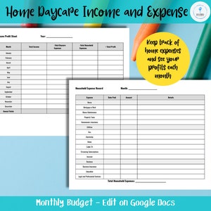 Home Daycare INCOME and EXPENSE RECORD, Monthly Budget Worksheet ...
