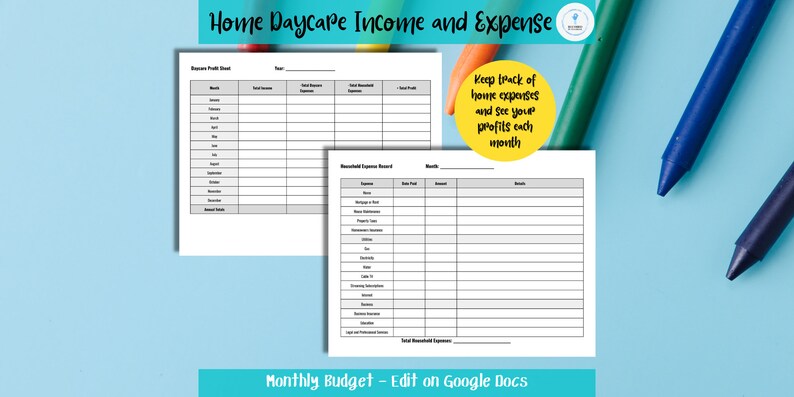 Home Daycare INCOME and EXPENSE RECORD, Monthly Budget Worksheet ...