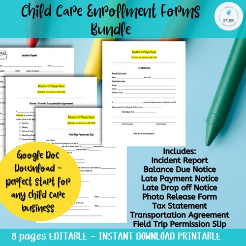 Child Care Enrollment Form Contract Agreement Parent - Etsy