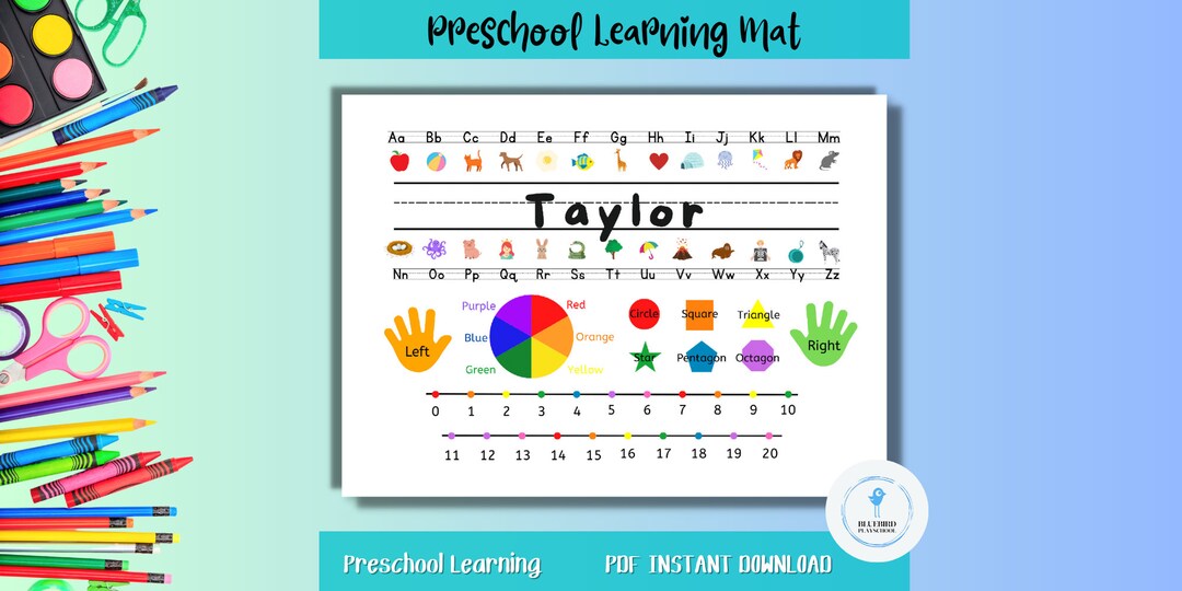 Preschool Name Plate, Learning Mat, Alphabet, Number, Colors, Shapes ...