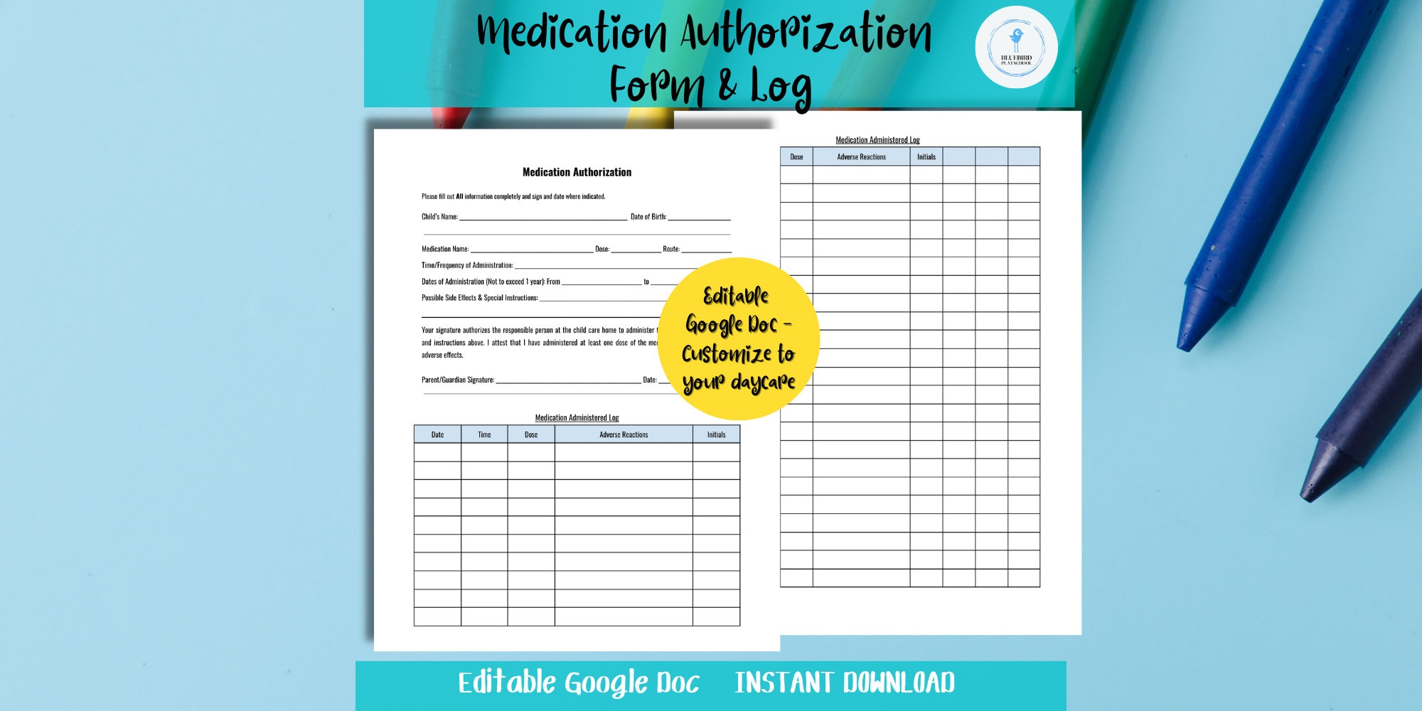 Medication Authorization Form & Log, Editable, Home Daycare, Preschool ...