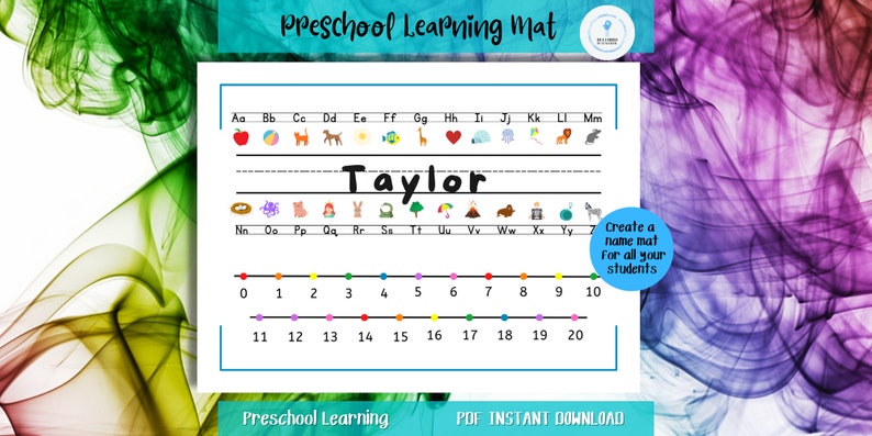 Preschool Name Plate, Learning Mat, PRINTABLE, Number Line, Alphabet ...