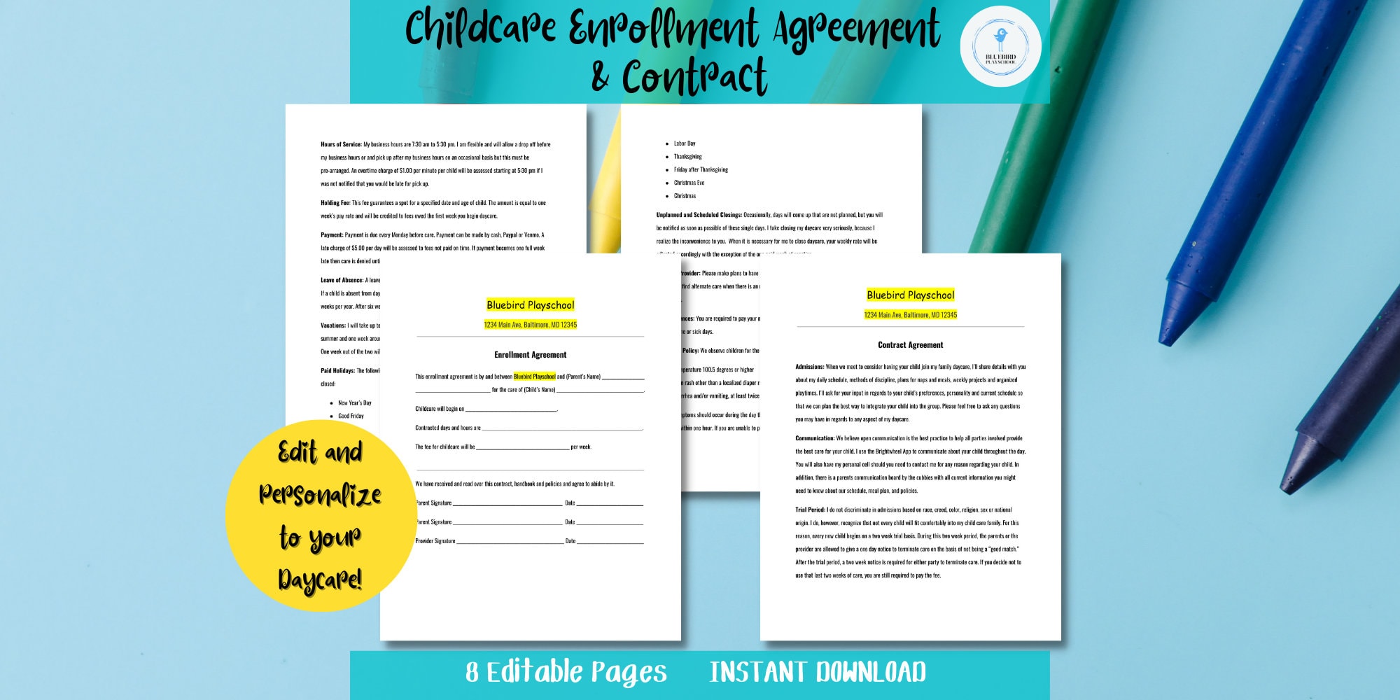Child Care Enrollment Form, Contract Agreement, Parent Handbook Bundle ...