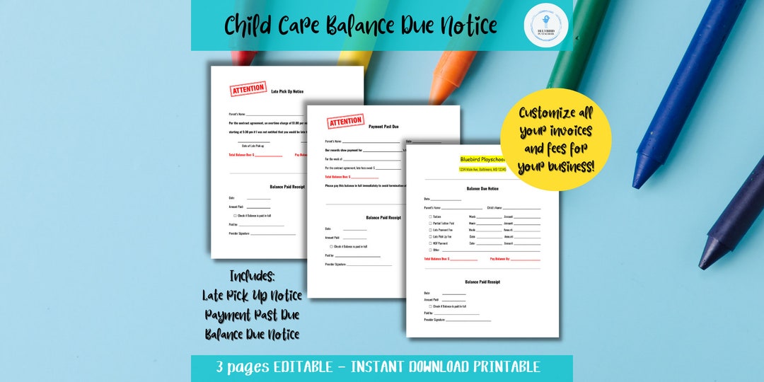 Balance Due Notice, Editable Child Care, Late Pick Up, Late Payment ...