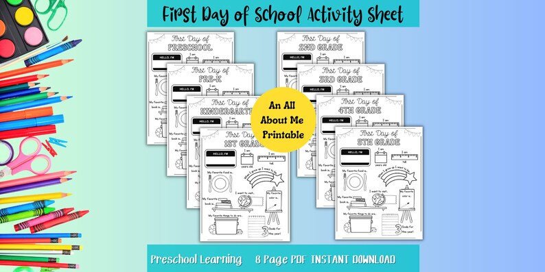 First Day of School Activity Coloring Page, All About Me (digital ...