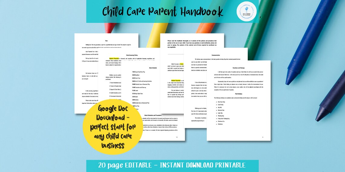 Child Care Enrollment Form, Contract Agreement, Parent Handbook Bundle ...