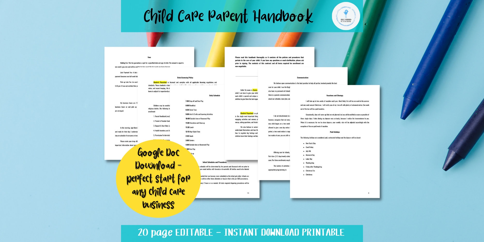 Child Care Enrollment Form, Contract Agreement, Parent Handbook Bundle ...