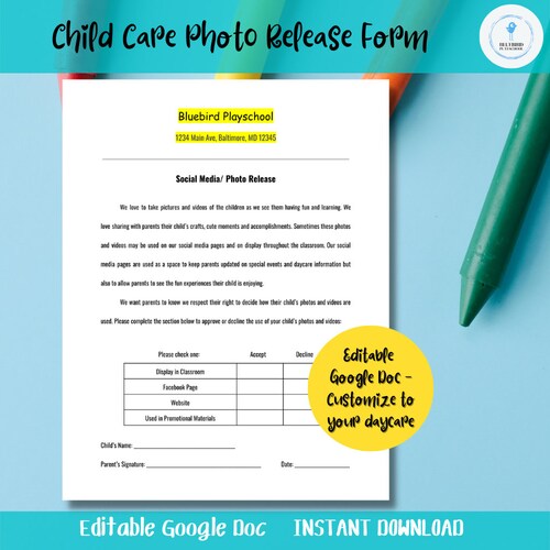 Photo Social Media Release Form Customize Child Care Forms - Etsy