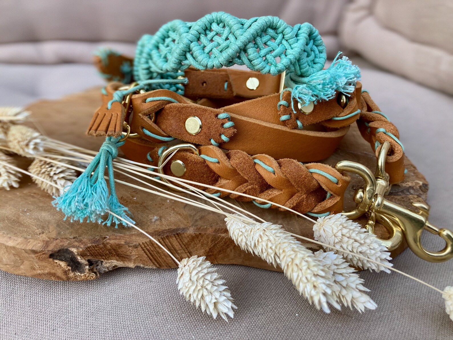 More Macrame Dog Set - Made to Measure From Macrame and Oiled Leather ...