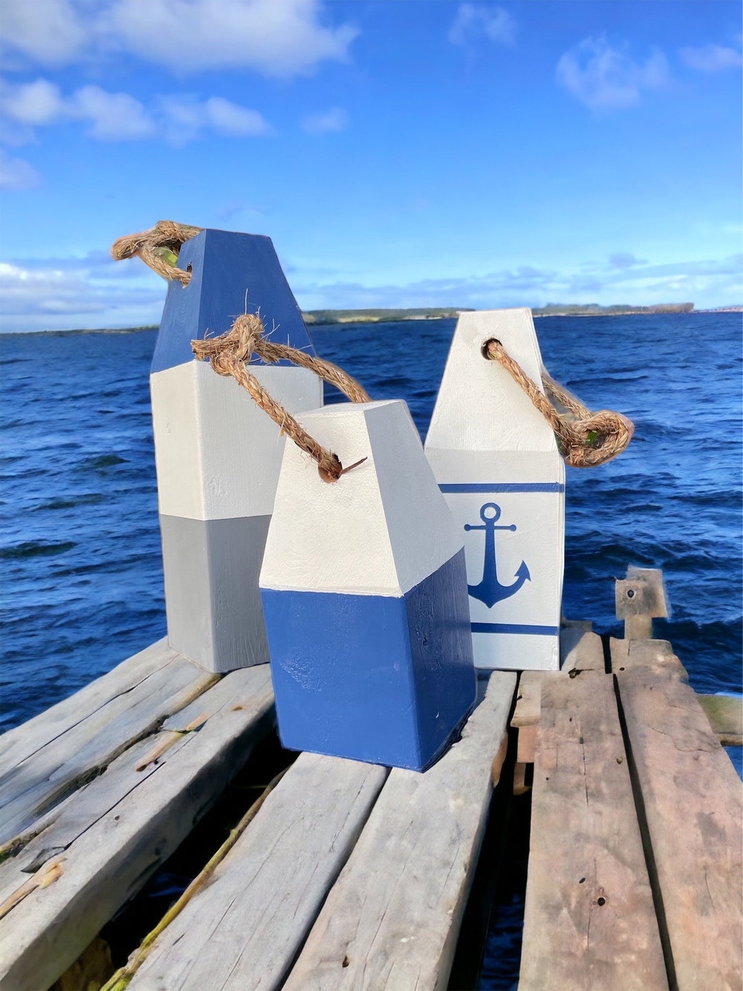 Nautical Decor Handcrafted Wooden Buoy Set in Three Colors Coastal ...