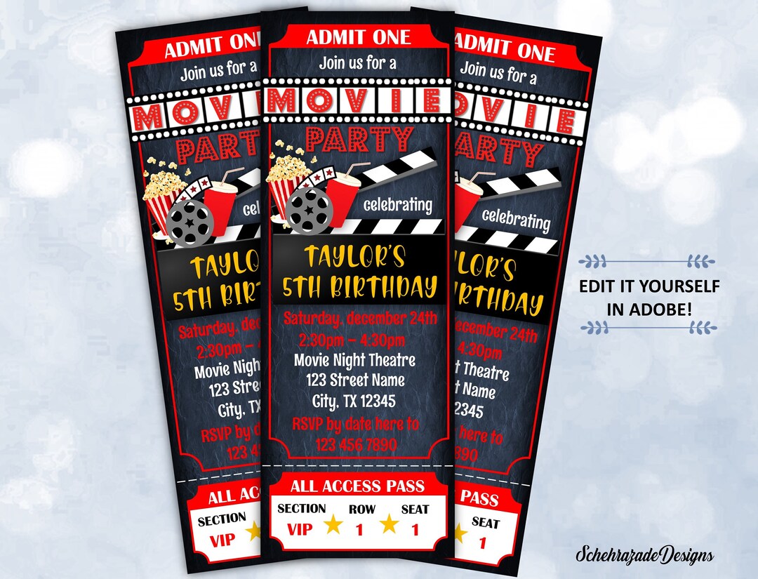 Editable Movie Ticket Birthday Invitation, Movie Party Ticket, Movie ...