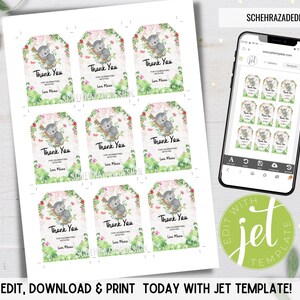 Editable Koala Favor Tags, Koala Thank You Tags, Koala Party Tags ...