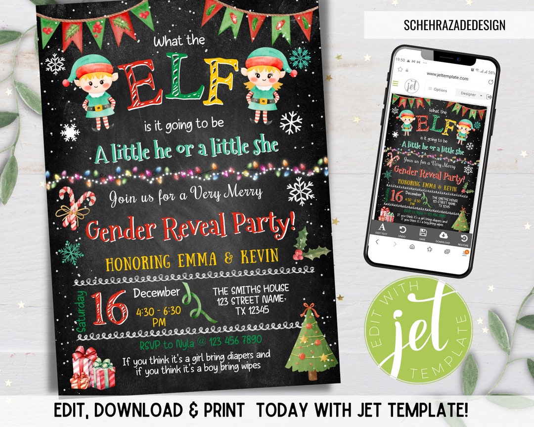 Editable Elf Gender Reveal Party Invitation, Christmas Holiday He or ...