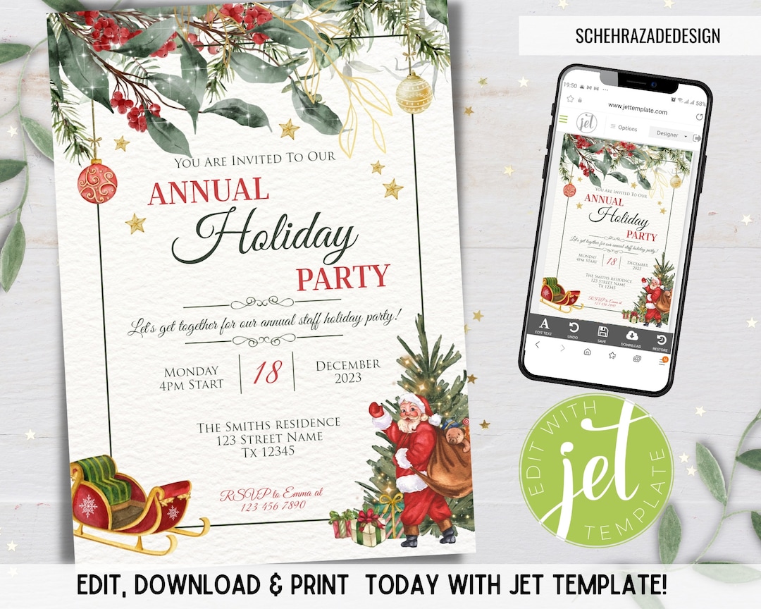 Editable Christmas Party Invitation, Annual Holiday Party Invite, Holiday Dinner Party ...