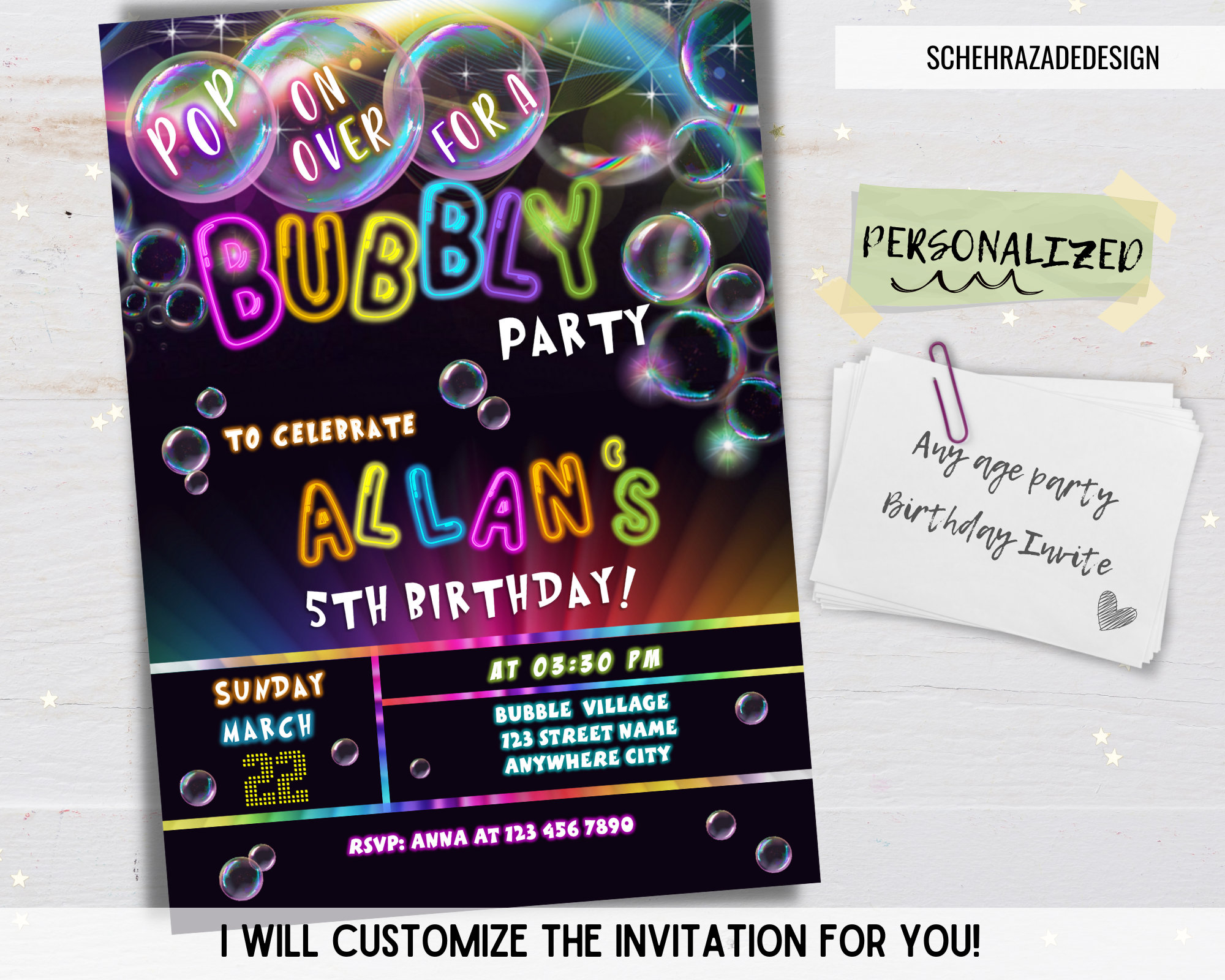 Bubble Birthday Invitation Colorful Bubbles Birthday Party - Etsy