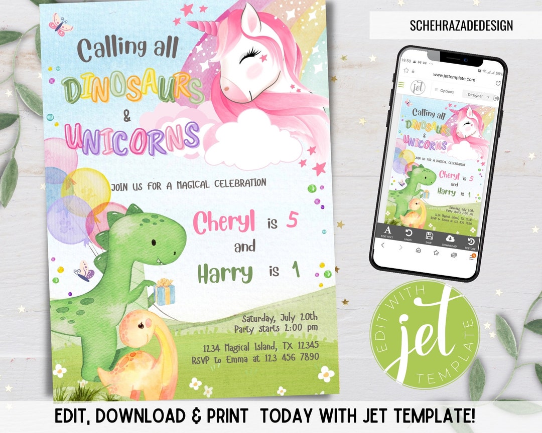 Editable Unicorn and Dinosaur Birthday Invitation, Siblings Dinosaur ...